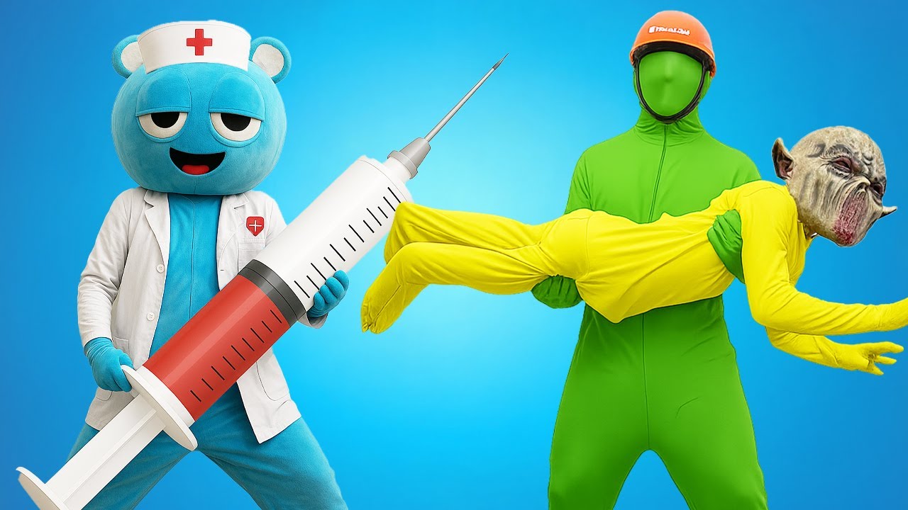 Dr. Blue examines patients and treats them with strange characters ...