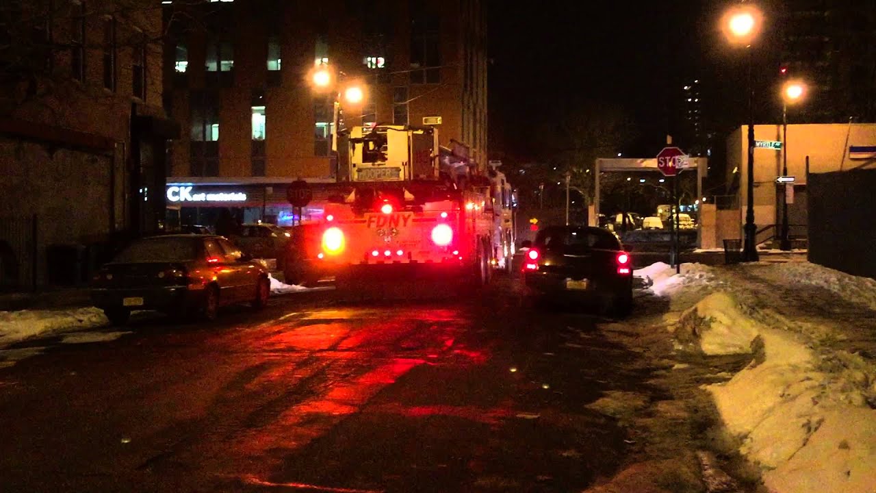 FDNY TOWER LADDER 119 TAKING UP FROM ELECTRICAL FIRE ON MYRTLE AVE. IN ...
