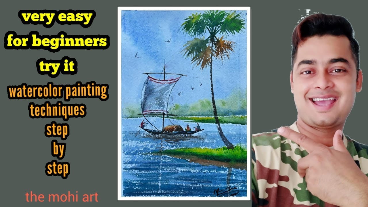 Watercolour river side landscape painting | how to paint a riverside ...