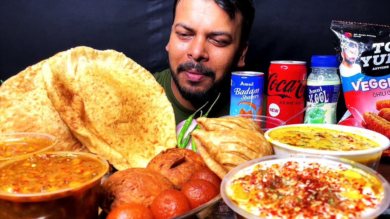 Eating Chole Bhature Samosa Khasta Kachori Kadhi Pakora Gulab Jamun
