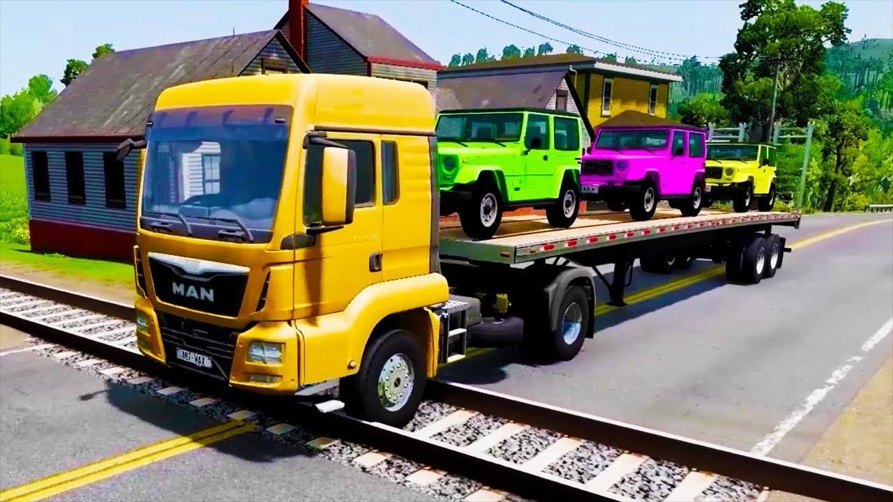 Monster truck potholes flatbed trailer truck car rescue bus - Cars vs ...