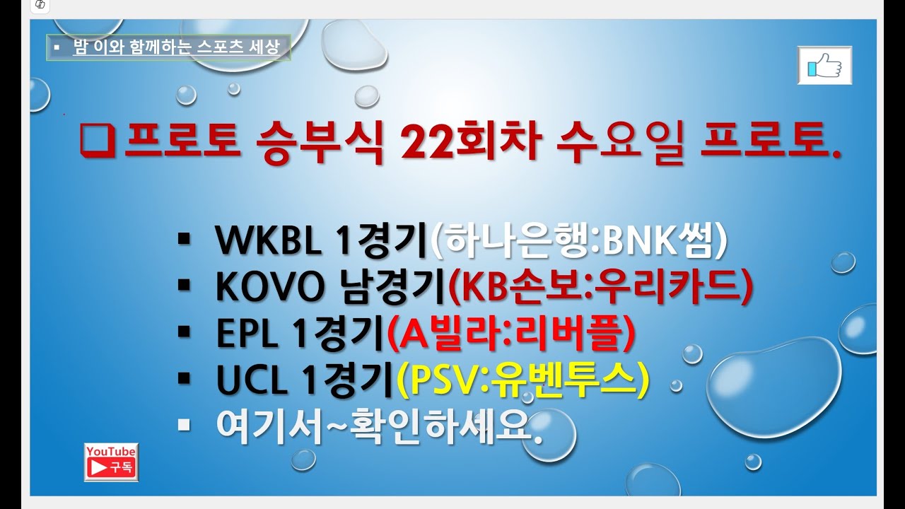 프로토 승부식 22회차 수요일프로토// WKBL 1경기. KOVO 남경기. EPL 1경기. UCL 1경기~참고들하시고 구매하세요. - YouTube