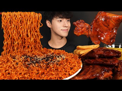 ASMR MUKBANG SPICY BULDAK NOODLES & BBQ CHICKEN & FRENCH FRIES