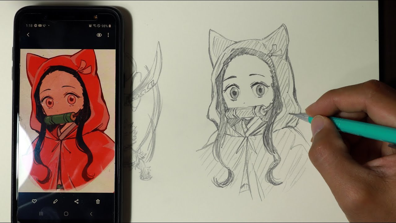 Drawing cat hat Nezuko / Demon Slayer / girl drawing - YouTube
