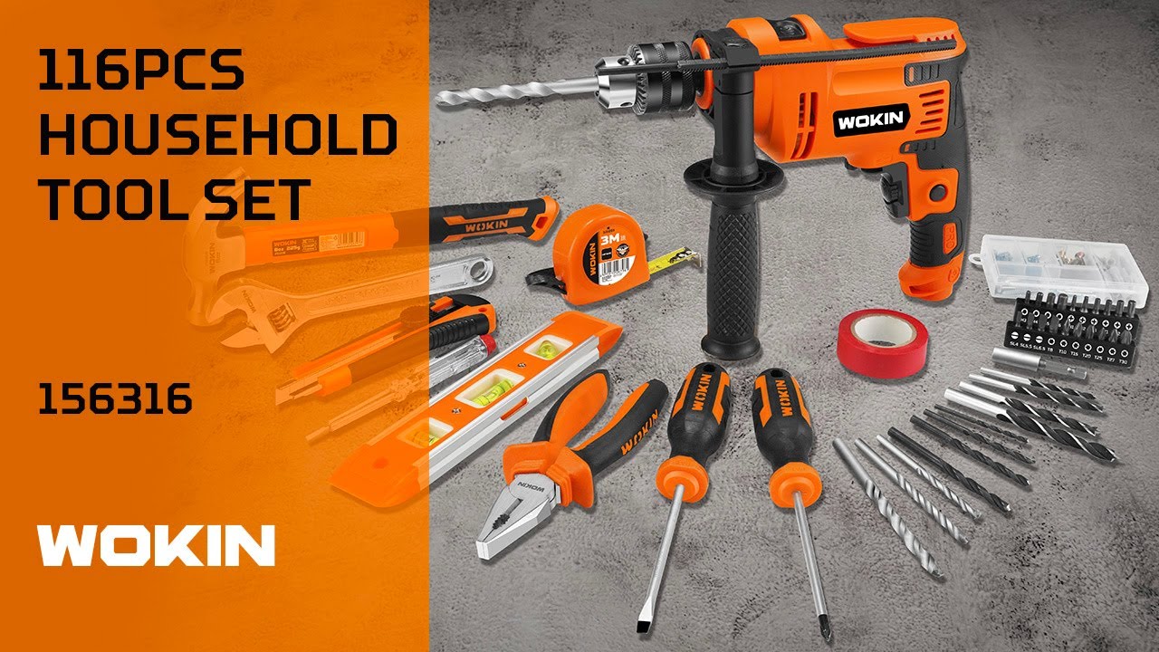 WOKIN 116Pcs Household Tool Set with Hammer Drill - YouTube