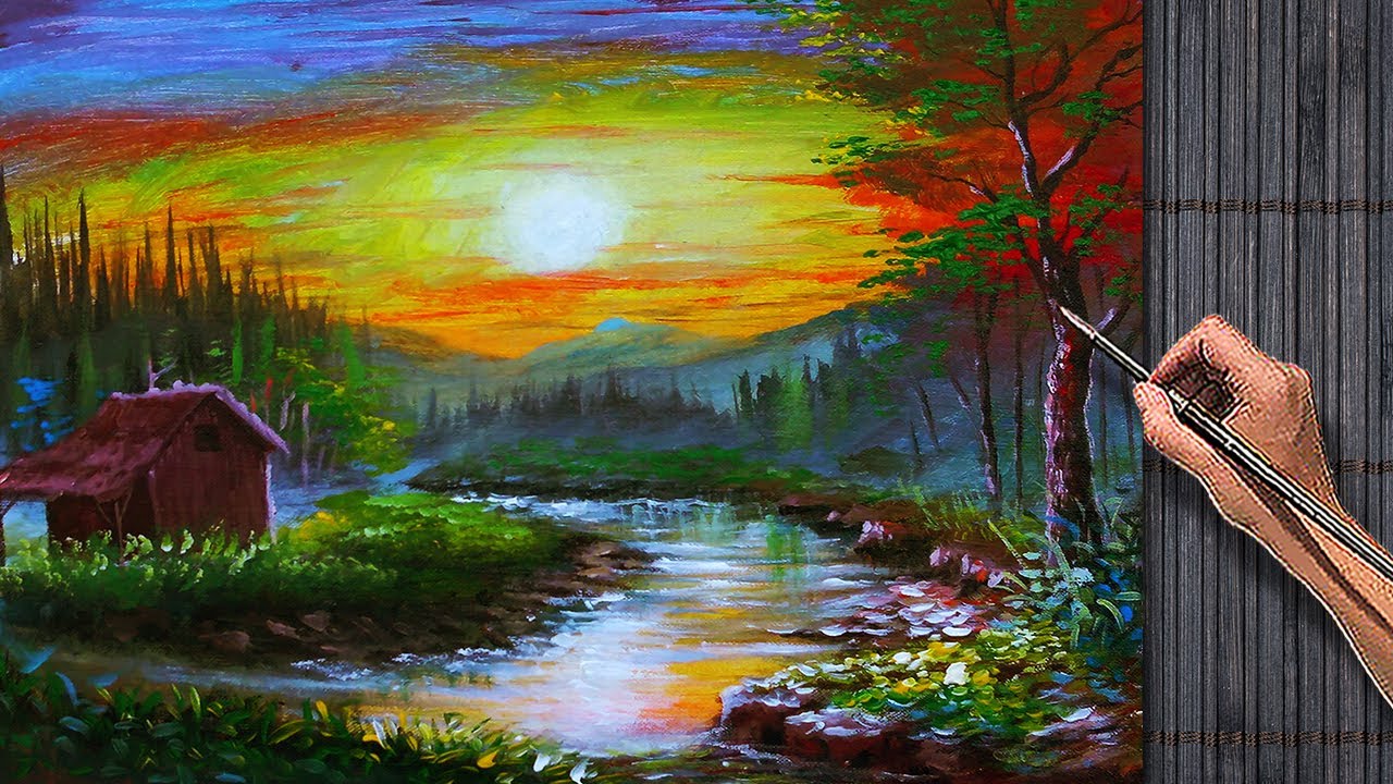 Acrylic Countryside Landscape Painting Tutorial / Riverside Hut during ...