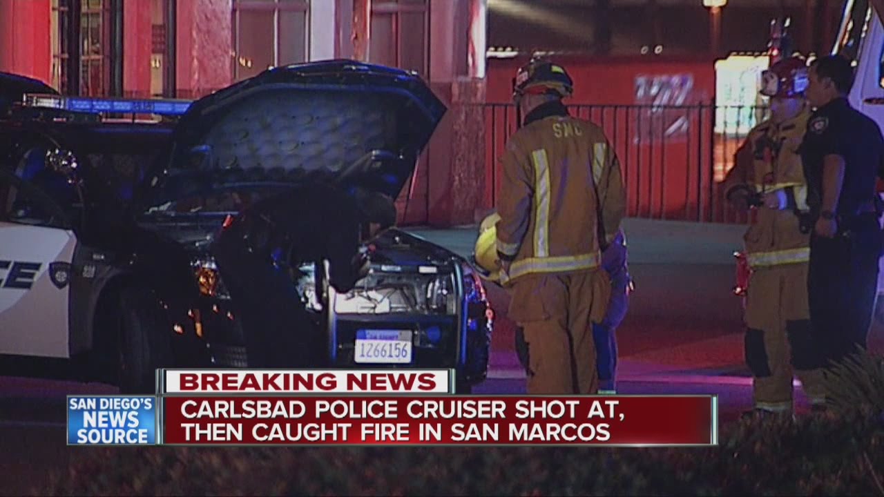 Carlsbad police cruiser shot at, catches fire during chase - YouTube