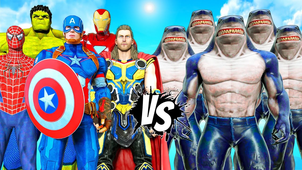 THE MARVEL AVENGERS VS SHARK ARMY & GIANT SHARK - EPIC BATTLE - YouTube