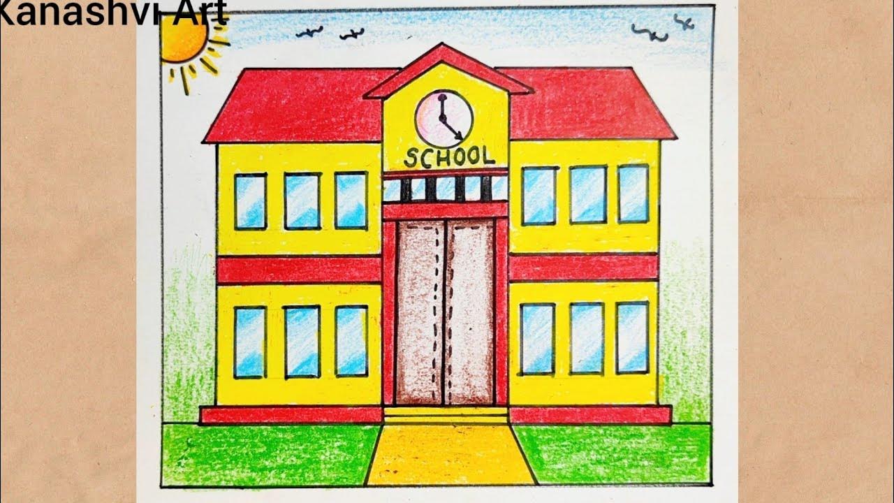 School Scenery Drawing / My School Drawing / How to Draw a School Easy ...