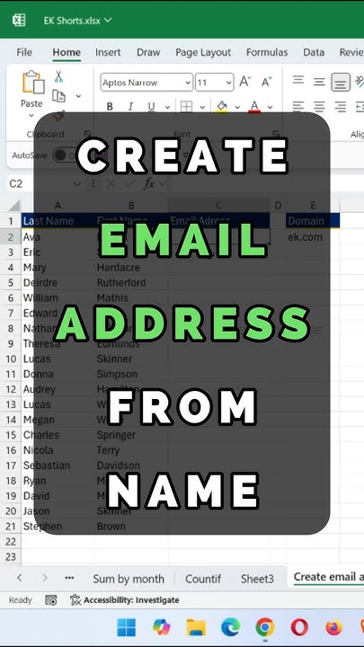 Create email address from name #excel #exceltips #tips - YouTube