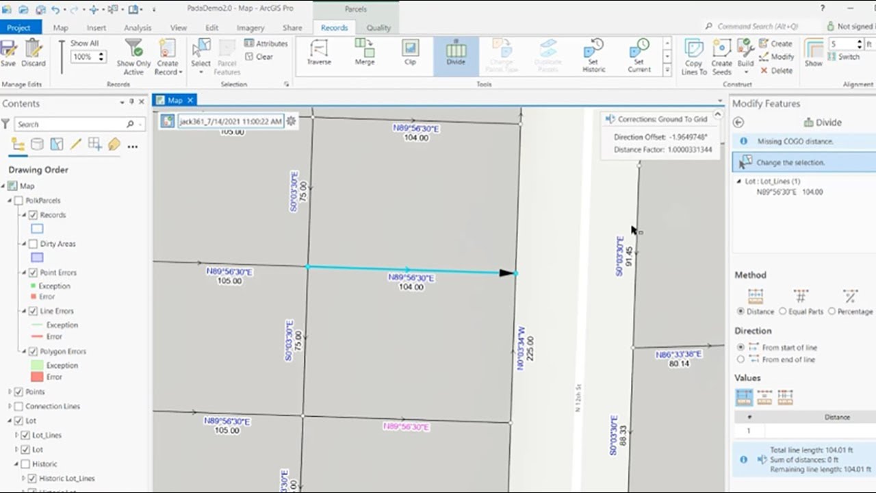 ArcGIS Pro Parcel Fabric: Divide a Parcel into Equal Road Frontages ...