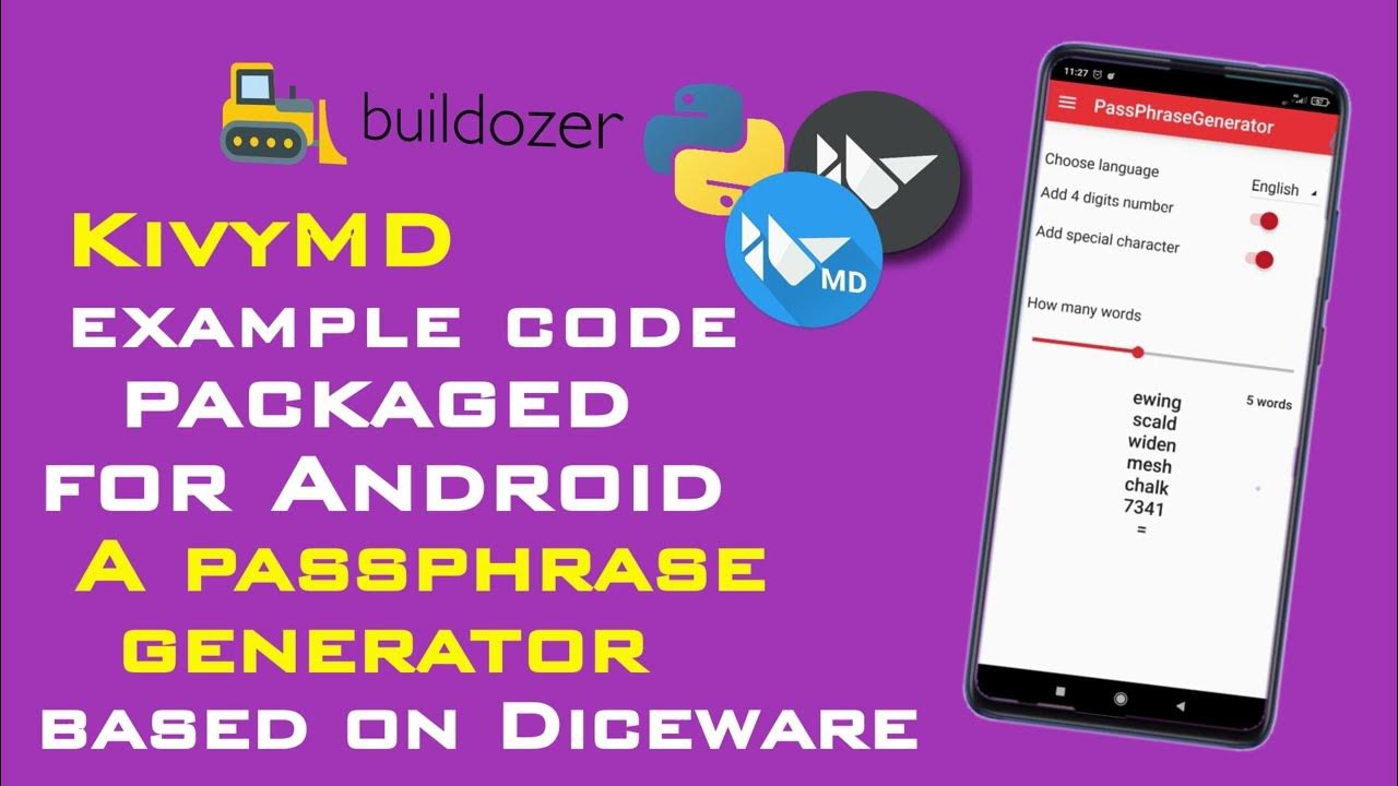 KivyMD example code packaged for Android. A passphrase generator. - YouTube
