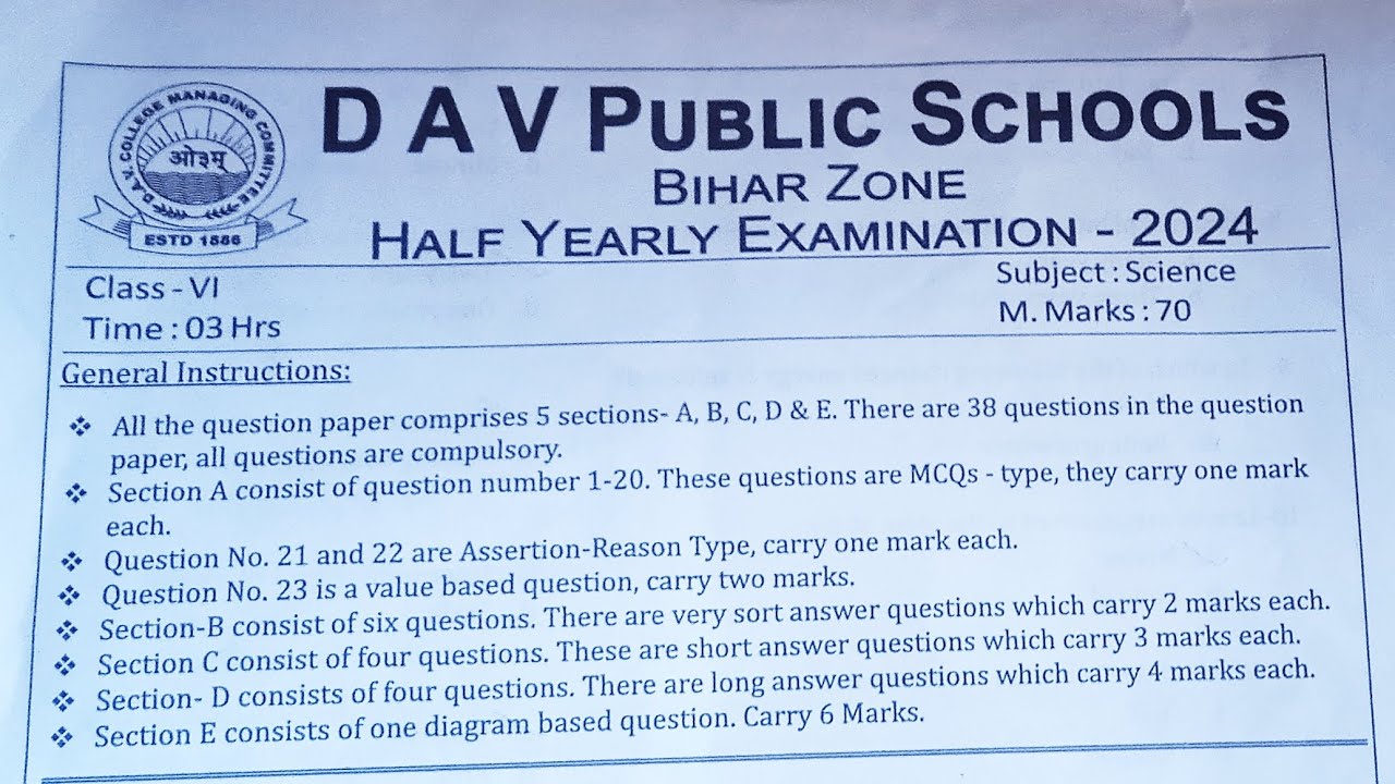 DAV Public School class 6 science half yearly exam question paper(Bihar ...