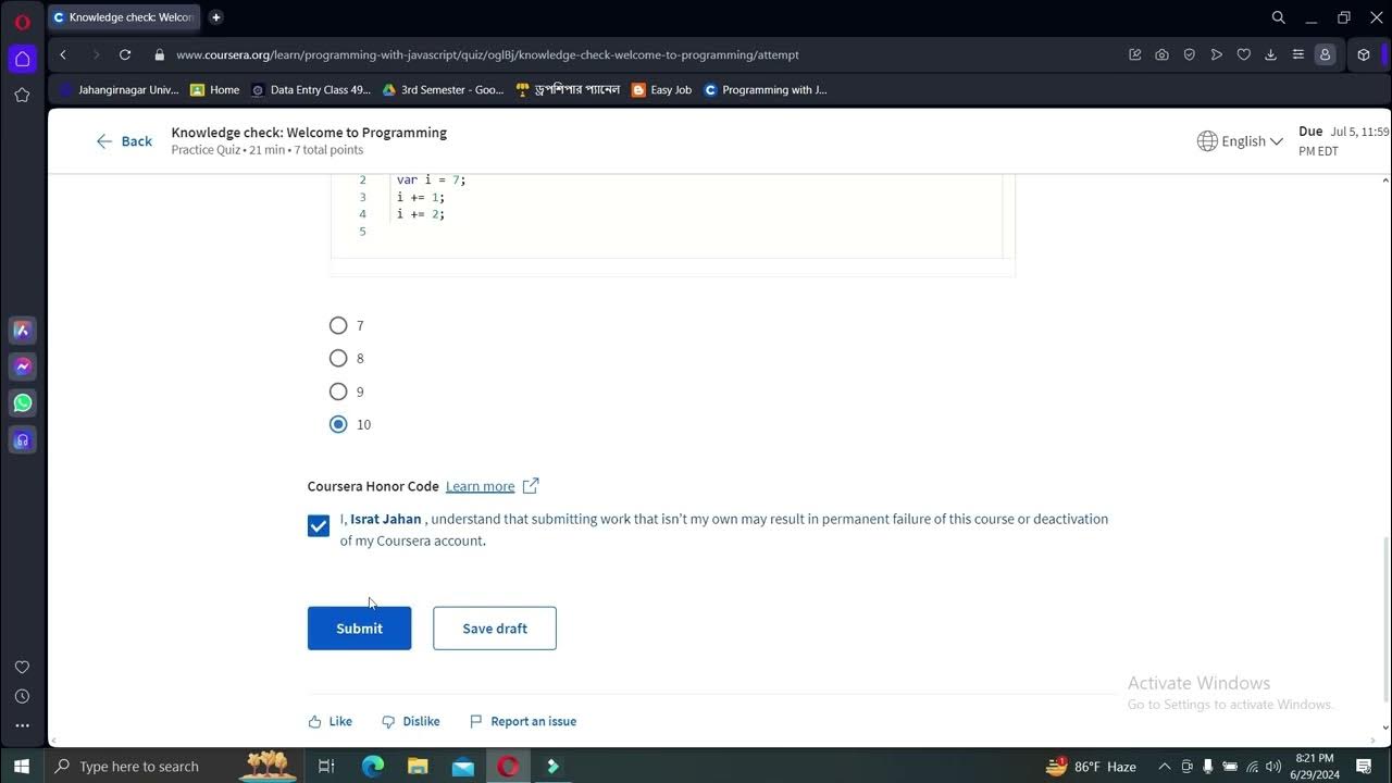 Knowledge check: Welcome to Programming Coursera | Programming with JavaScript Meta - YouTube