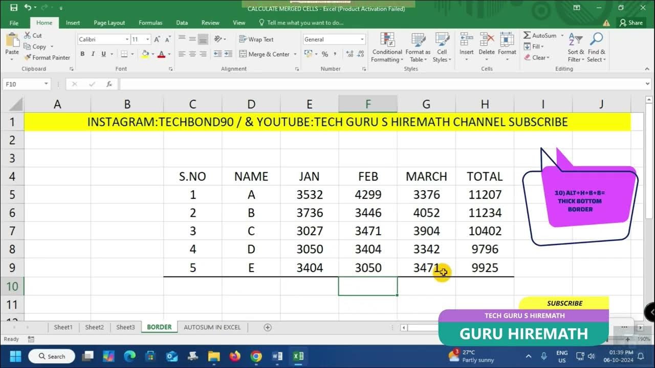 Creating Table Borders Using Shortcut Keys IN EXCEL in Kannada. - YouTube