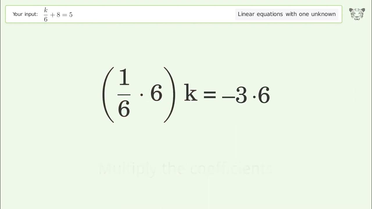 Linear equation with one unknown: Solve k/6+8=5 step-by-step solution ...
