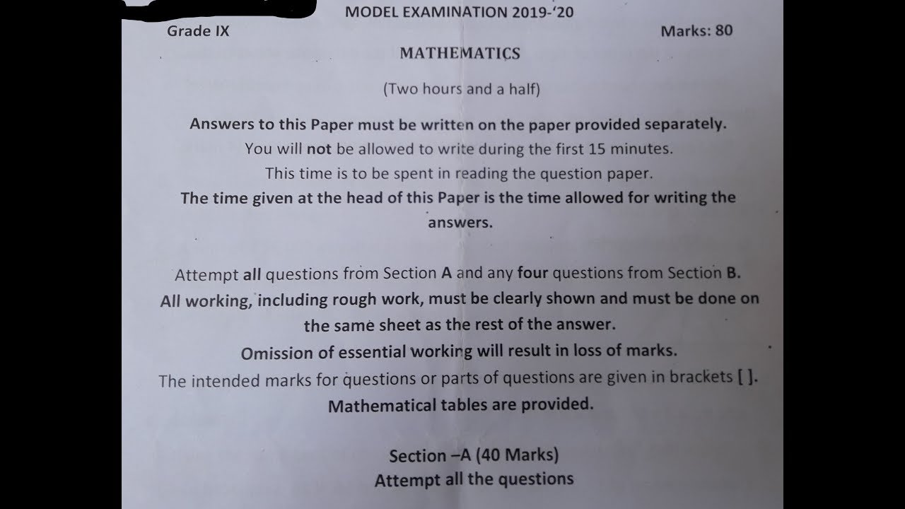 ICSE / CLASS 9 / MATHEMATICS / MODEL EXAM 2020 / QUESTION PAPER - YouTube