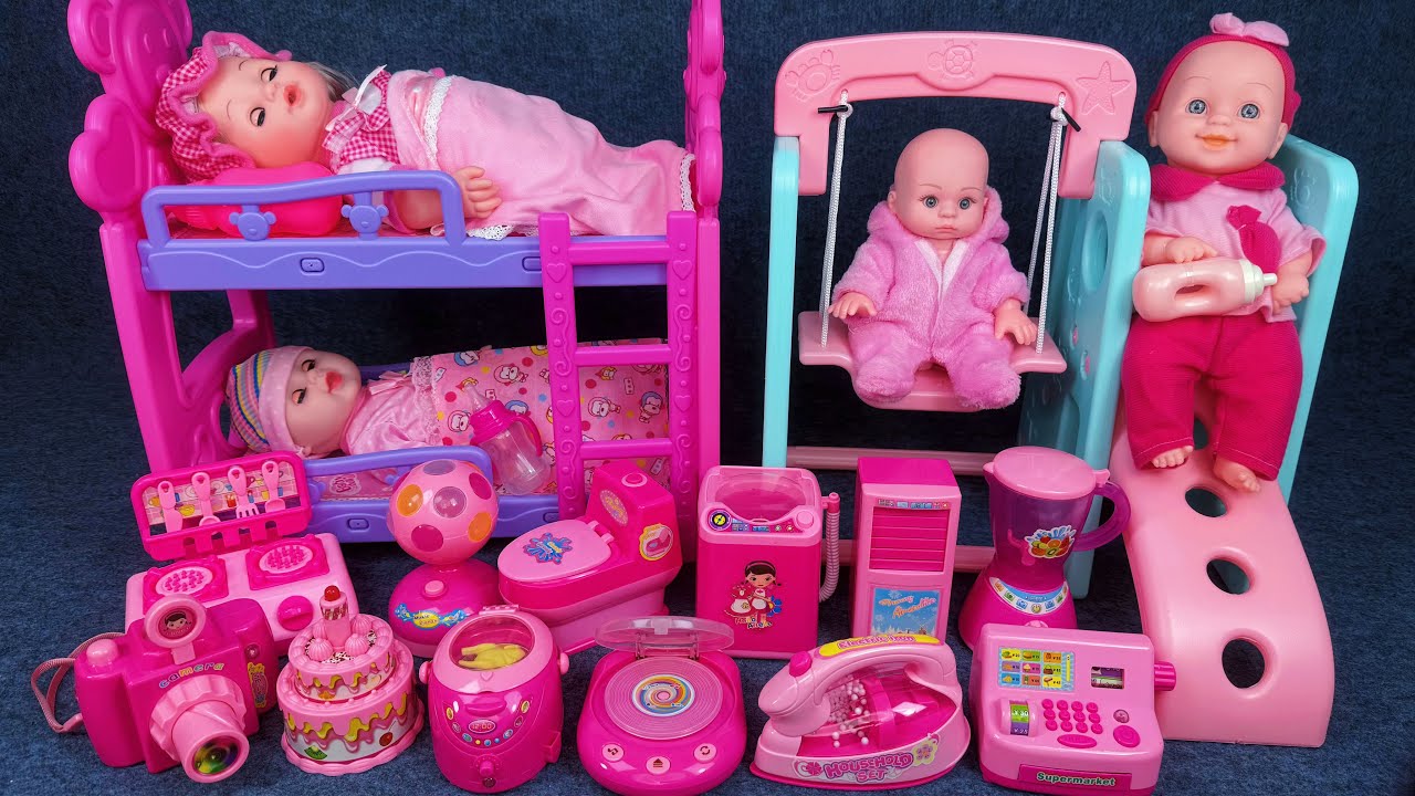 13 Minutes Satisfying with Unboxing Doll Pink Rock Bed Toys, Swing ...