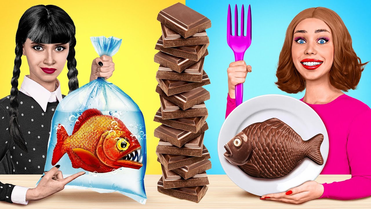 Real Food vs Chocolate Food Challenge with Wednesday Addams | Funny ...