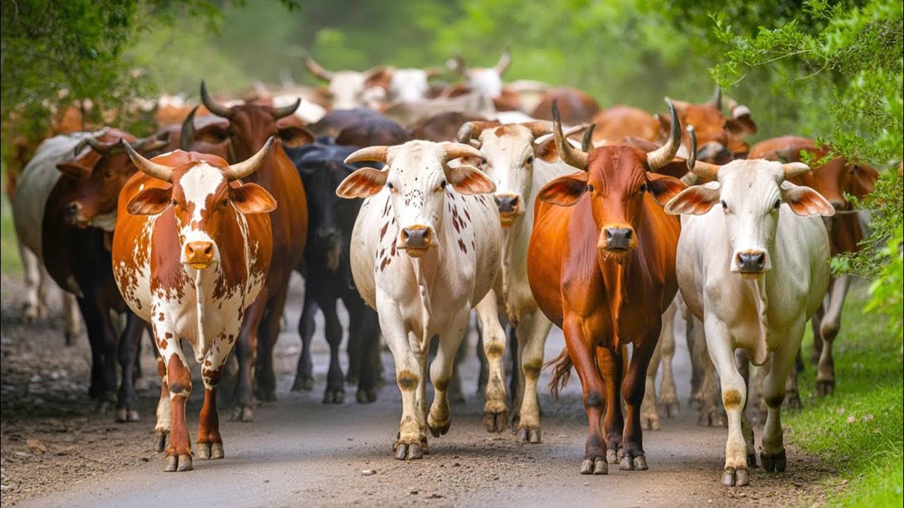 The herd of cows leisurely graze through the cool green forest- Sound ...