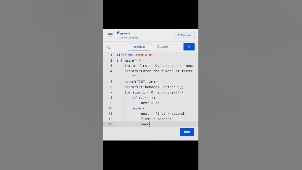 Fibonacci sequence program in c #shorts #shortvideo #fibonacci #viral #coding #short # ...