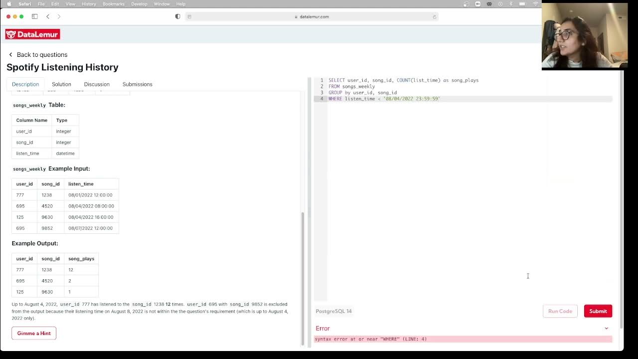 Spotify Listening History - SQL Medium - Data Lemur - YouTube