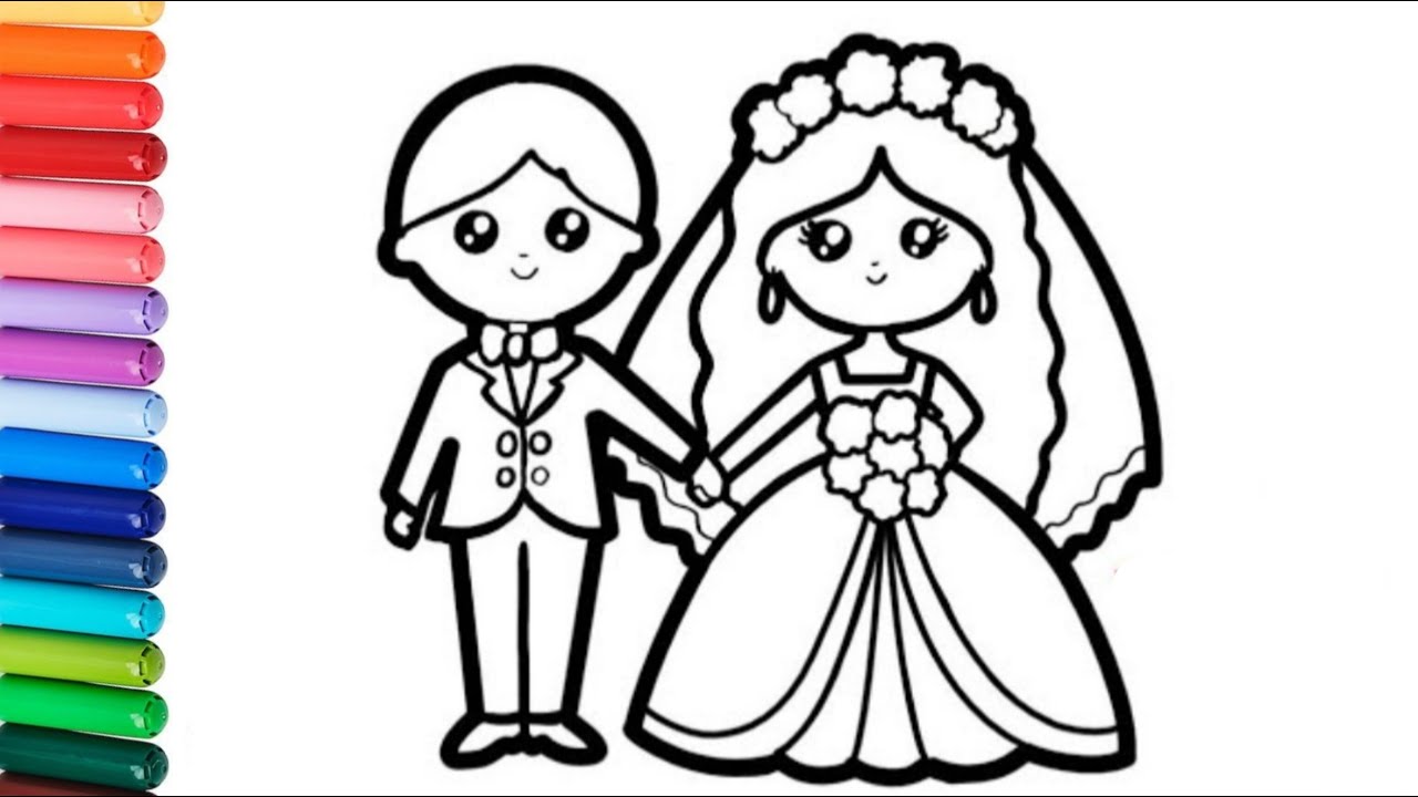 Bride And Groom In Wedding Drawing And Coloring For Kids And Toddlers ...