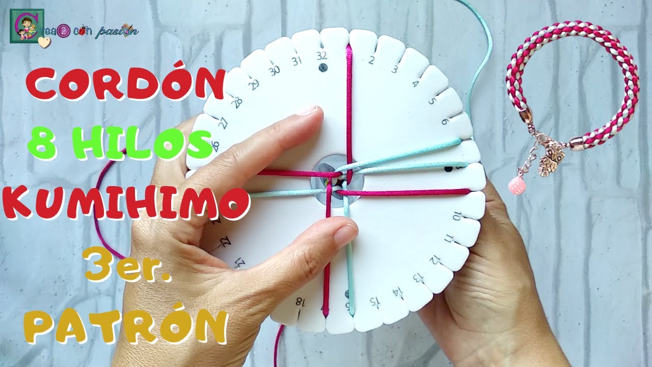 KUMIHIMO REDONDO, CORDÓN 8 HILOS CLASE 3. PULSERA Y COMBINACION COLORES - YouTube