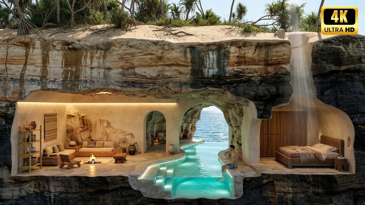 Man Builds SECRET HOUSE Inside Coastal Cave | Remote Island Build (ASMR ...