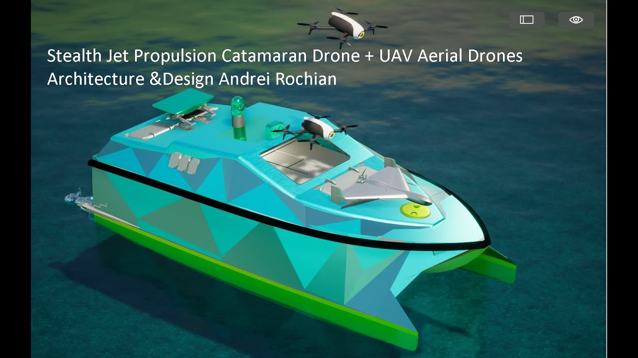 Stealth Jet Propulsion Catamaran Drone + UAV Aerial Drones Architecture ...