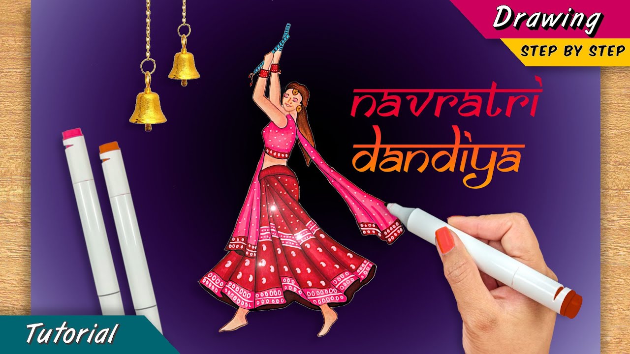 Super Navratri Drawing | Girl Playing Garba | Dussehra Drawing | Girl ...