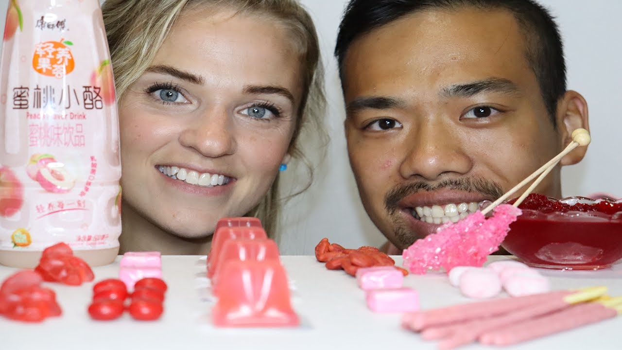 PINK FOOD! - ASMR EATING SOUNDS - Pink flamingo, Candy, Jello ...