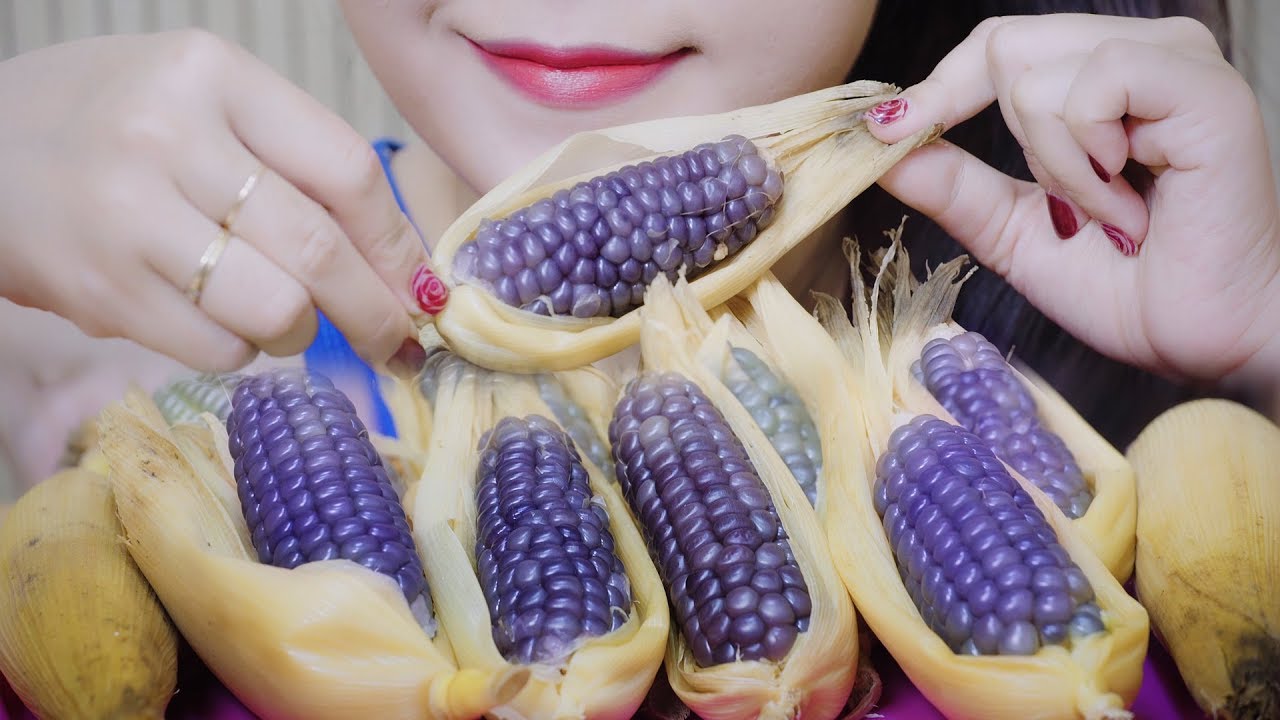 ASMR eating Tiny purple corn , crunchy eating sounds | LINH ASMR - YouTube