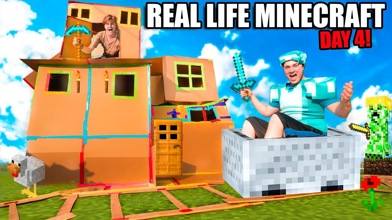 Real Life MINECRAFT Box Fort! 24 Hour Challenge DAY 4 - Working ...