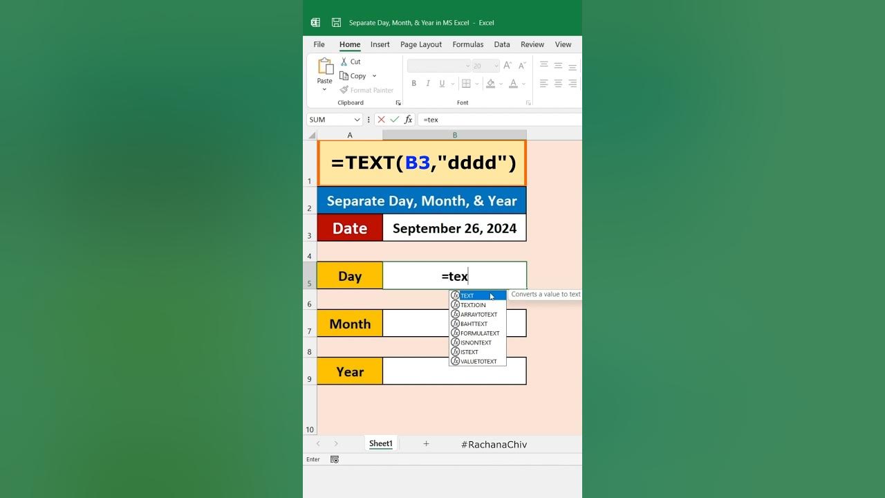 Using TEXT Function to Show Day Month and Year in Microsoft Excel #shortvideo #excel #short ...