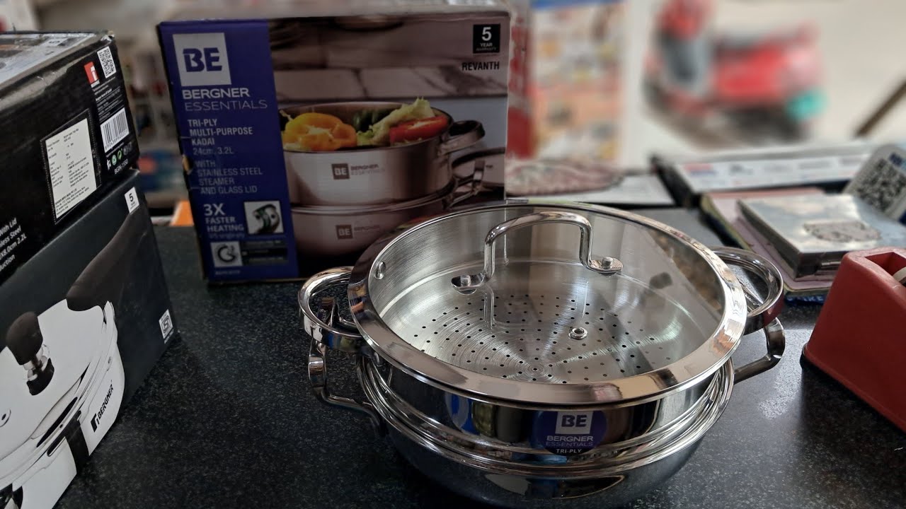 Bergner Essentials Triply Multi-Purpose Kadai 24cm, 3.2L With Stainless ...