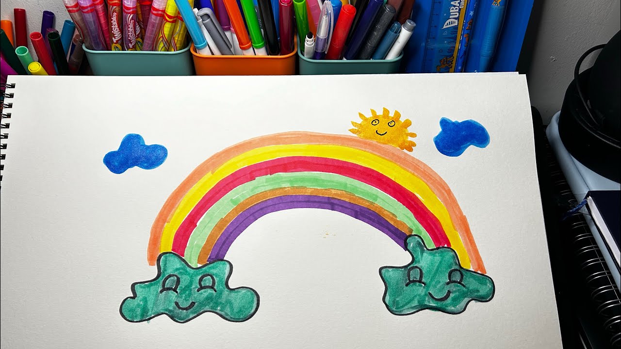 How to Draw a RAINBOW AND CLOUDS / Easy Drawing for beginners kids and ...