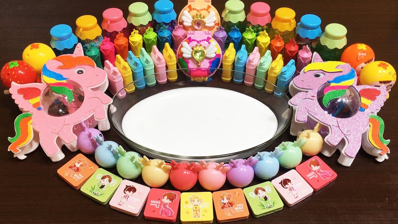 SATISFYING WITH RAINBOW SLIME ! Mixing Random Things Into Glossy Slime ...