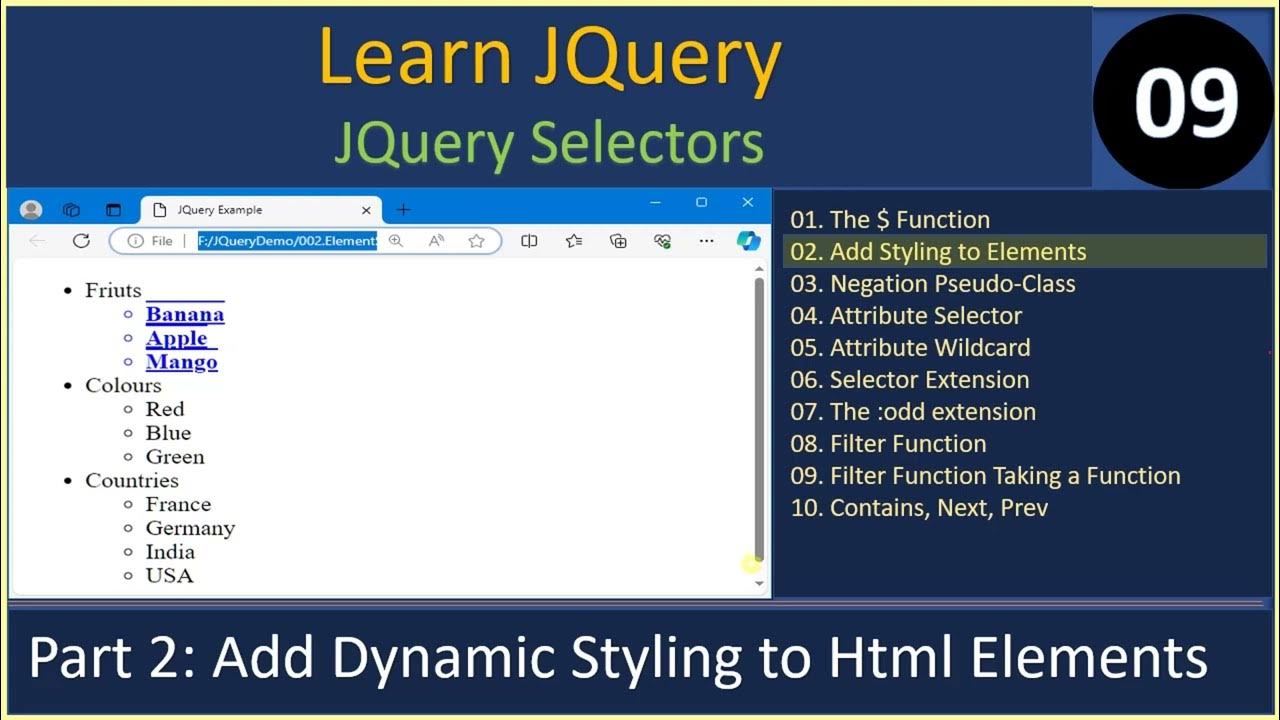 Selectors | Part 2 - Add Element Style | JQuery Tutorials #09 - YouTube