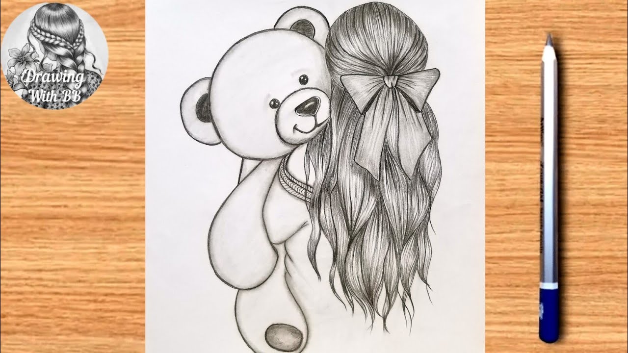 How to draw a girl Holding a Teddy bear|Easy Girl Drawing with teddy ...