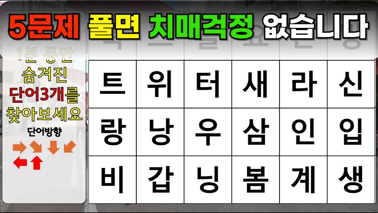 치매예방을 위해 5문제만 풀어보세요 숨은 단어찾기 퀴즈로 두뇌운동을 할 수 있습니다 치매예방활동 치매테스트 단어퀴즈 두뇌운동 숨은단어찾기 Youtube