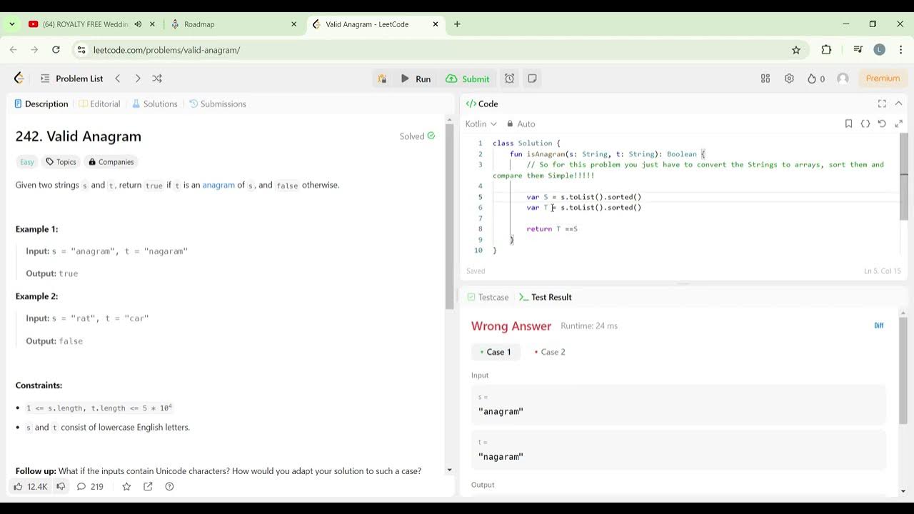 Leetcode 242 | Valid Anagram Solution in Kotlin | Coding with Classical Music - YouTube