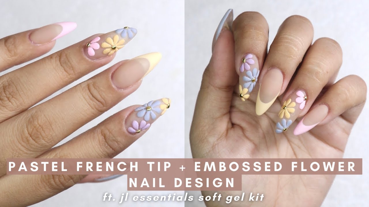 PASTEL FRENCH TIP + EMBOSSED FLOWER NAIL DESIGN | by: @nailsbykristine ...