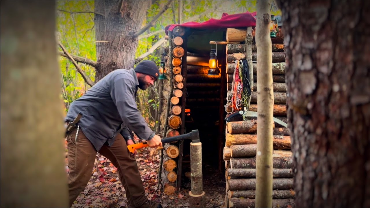 Solo wild LOG HUT in the woods - relaxing, hammock, hot stove, cast ...