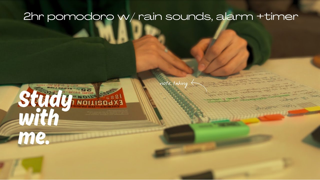 study with me 📚 | 2hr [50/10] pomodoro w/ rain sounds, timer + alarm ...