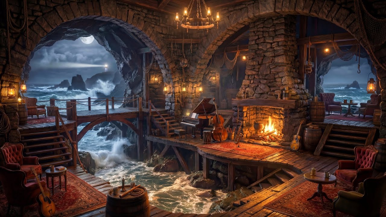Sea-Cave Grotto Lounge 🌊 Traditional Jazz Band & Fireplace for Reading ...