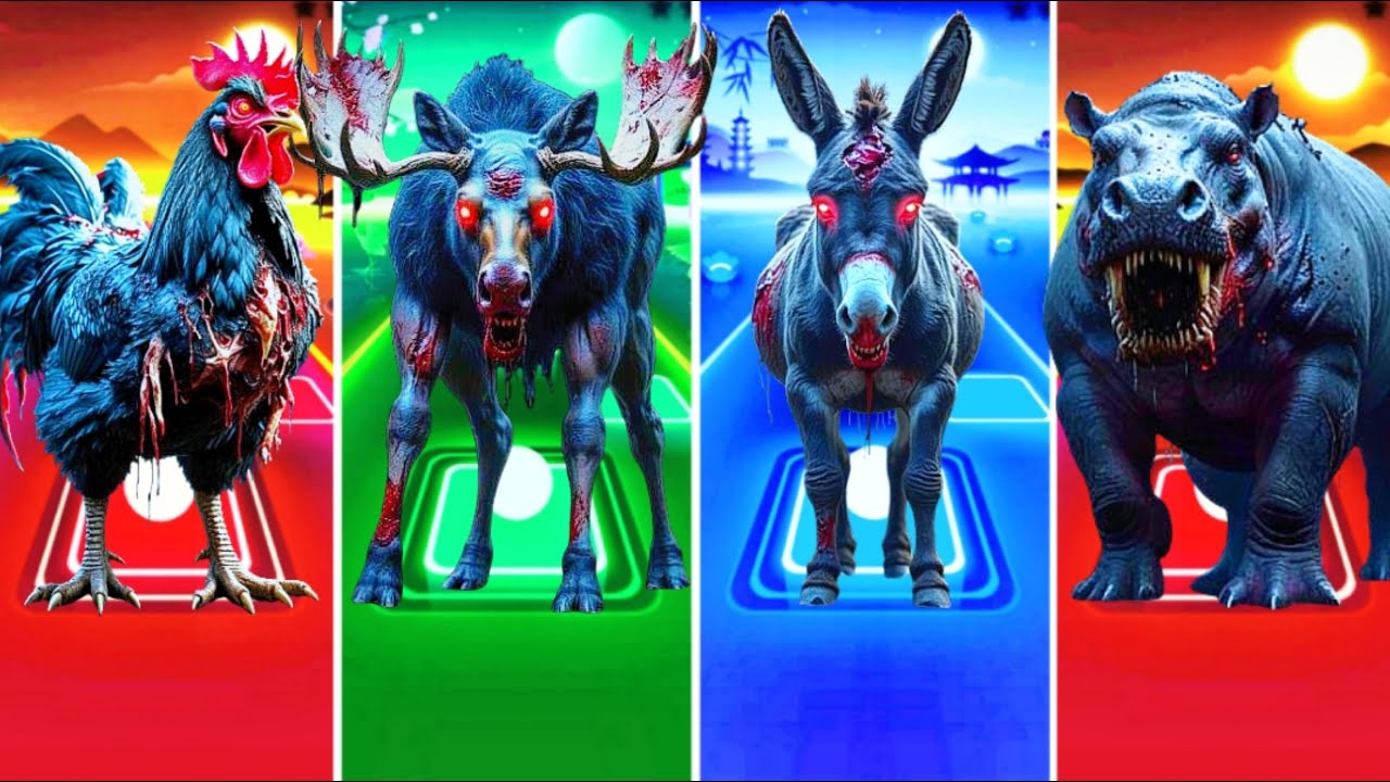 Zombie Rooster🐓🆚Zombie Moose🫎🆚Zombie Donkey🫏🆚Zombie Hippo🦛| Tiles Hop ...