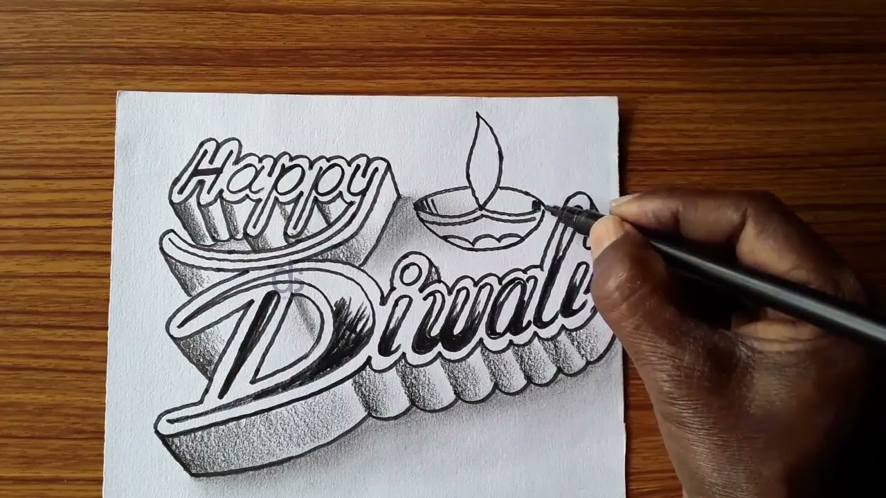 Happy Diwali Diya Pencil Drawing 3D Letter Writing Font Design Art ...