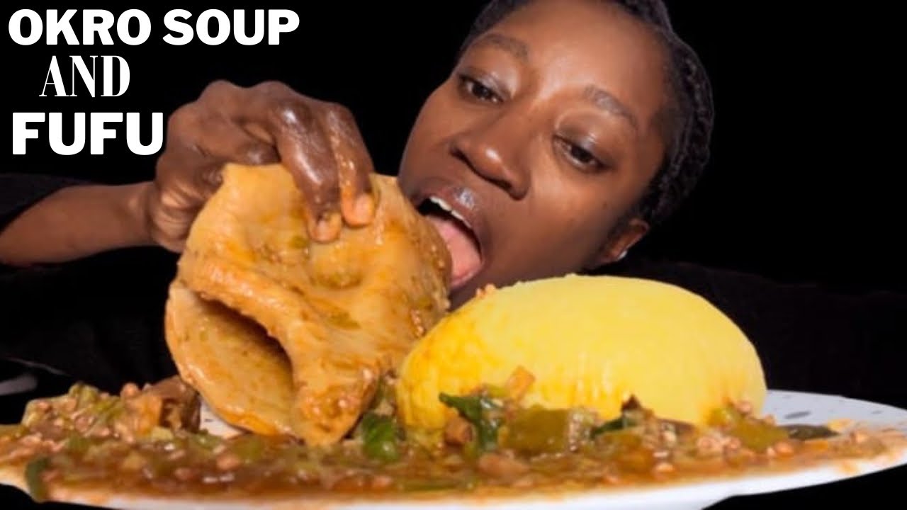 Asmr Fufu & okro pepper soup with spinach, shaki, cow skin, fish bone ...