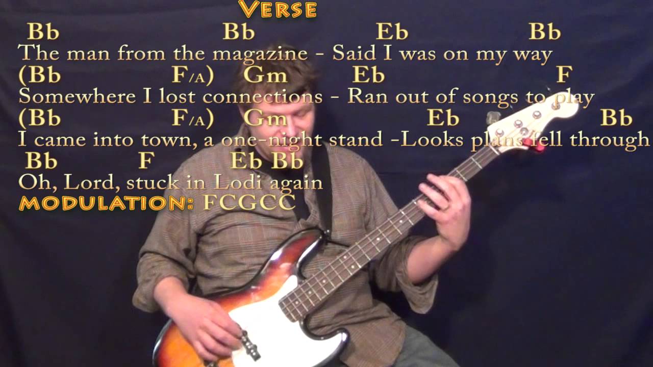 Lodi (CCR) Bass Guitar Cover Lesson in Bb with Chords/Lyrics - YouTube
